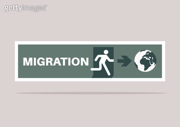 A green exit sign featuring the word Migration and a running figure ...