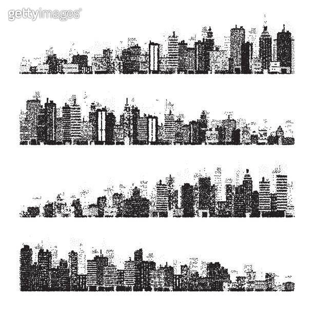 Stippled city silhouettes. Cityscape, town skyline. Midtown, downtown ...