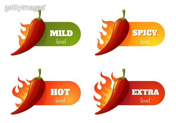 Spicy meter label. Chili pepper scale with different heat level, hot ...