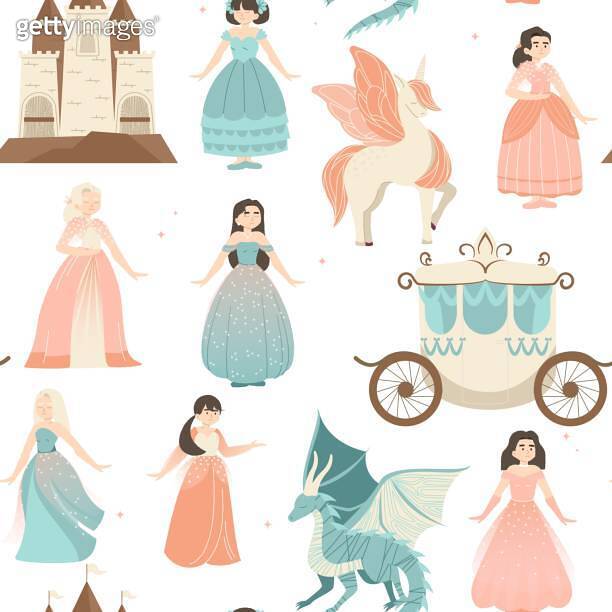 Childish princess pattern. Cute fairy tale seamless print with princess ...