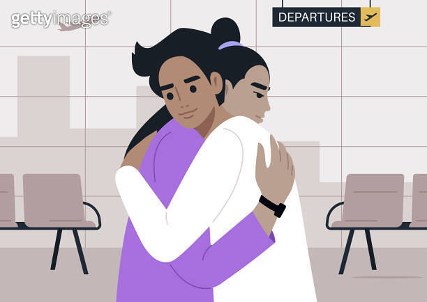 A Tender Farewell at the Departure Gate, Two characters embrace in a ... A Tender Farewell at the Departure Gate, Two characters embrace in a ...