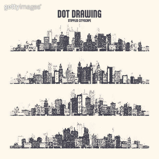 Stippled city silhouettes. Cityscape, town skyline. Midtown, downtown ...