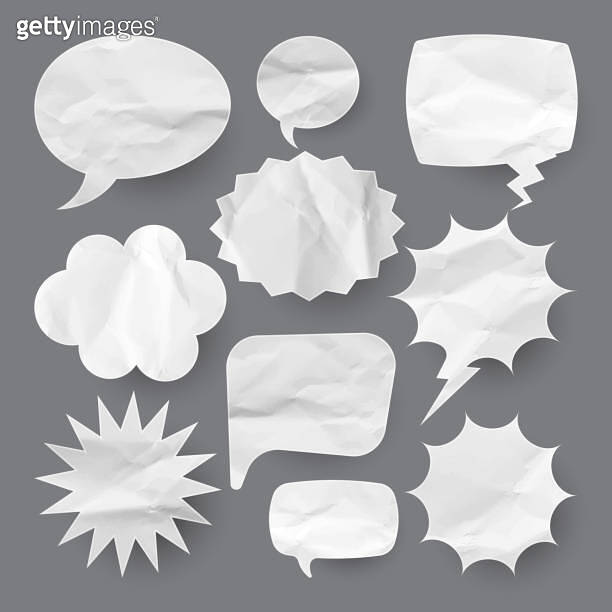 Crumpled paper comic speech bubbles. Hand drawn retro cartoon stickers ...