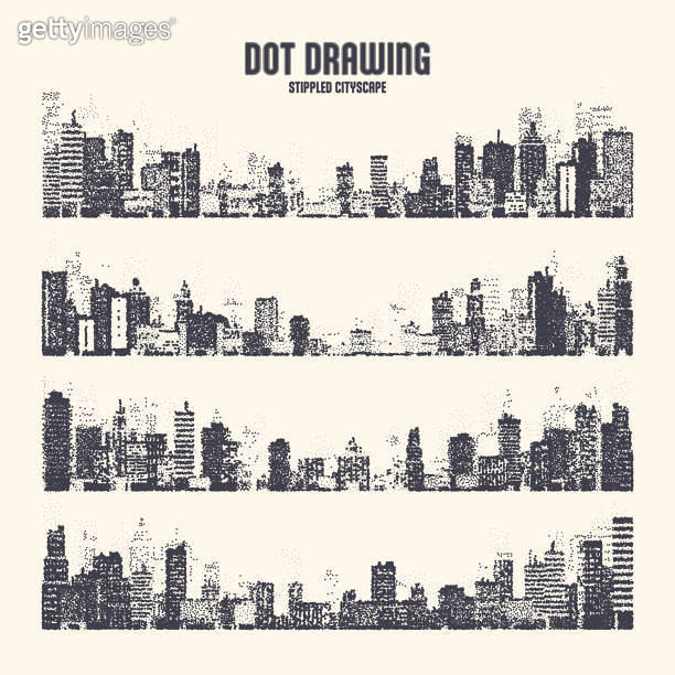Stippled city silhouettes. Cityscape, town skyline. Midtown, downtown ...