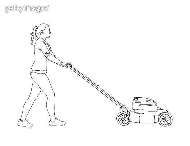 Woman Cutting Grass. Single Line Drawing Style with Editable Stroke 이미지 ...