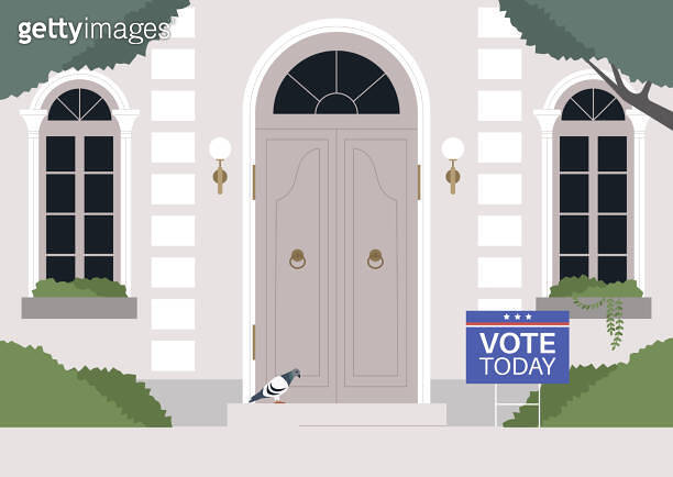 Election Day, A dove stands before a closed, double-door entrance on a ...