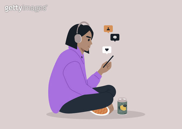 A young Gen Z character, slouching, scrolls through their phone's ...