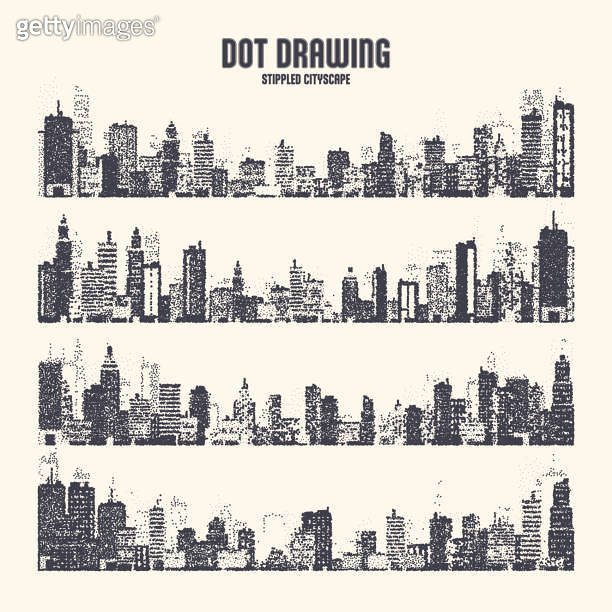 Stippled city silhouettes. Cityscape, town skyline. Midtown, downtown ...