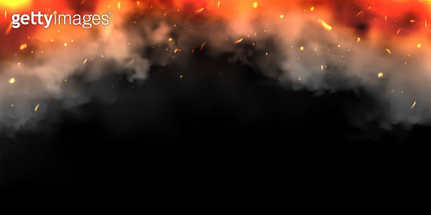 Realistic smoke clouds and fire on black background. Flame blast ...