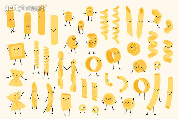 Cartoon pasta characters. Cute funny Italian food mascots with happy ...