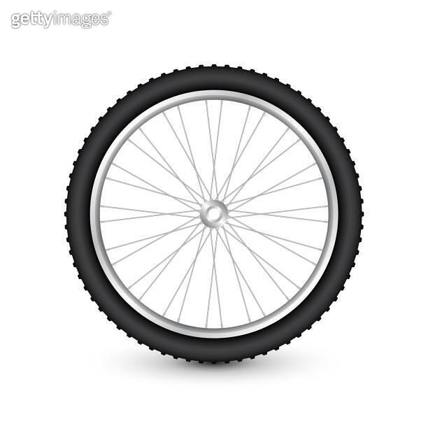 Realistic 3d bicycle wheel. Bike rubber tire, shiny metal spokes and ...