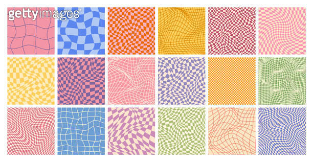 Groovy checkered pattern, colorful distorted tiled grid. Vintage wavy ...