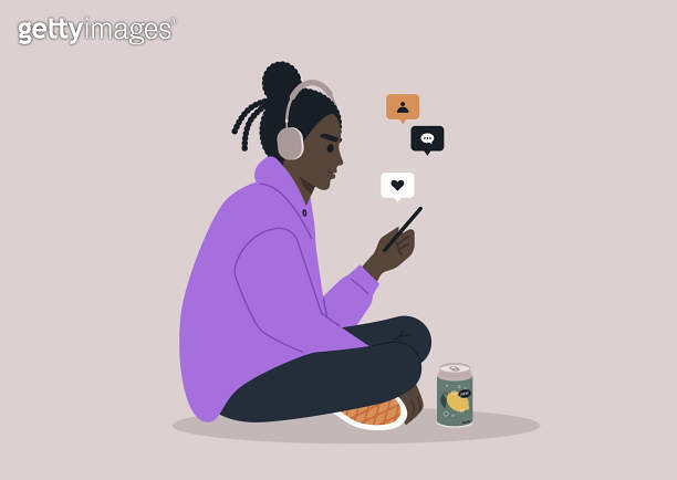 A young Gen Z character, slouching, scrolls through their phone's ...