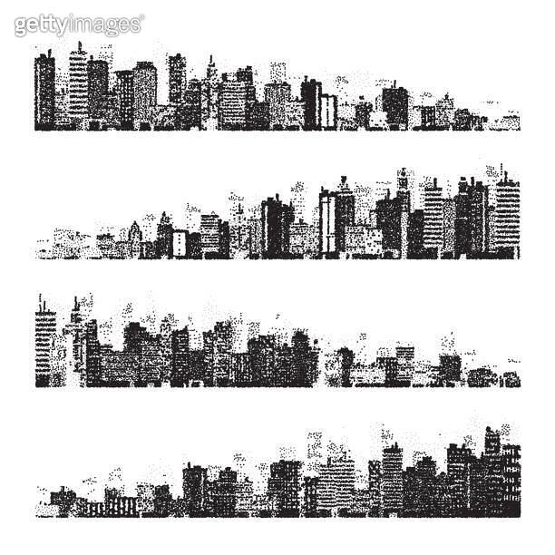 Stippled city silhouettes. Cityscape, town skyline. Midtown, downtown ...