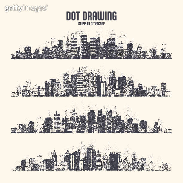 Stippled city silhouettes. Cityscape, town skyline. Midtown, downtown ...