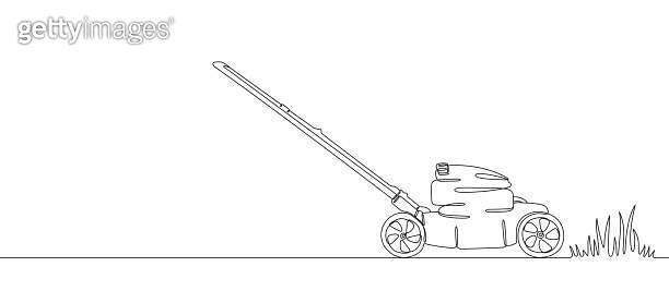 Lawn Mower Cutting Grass. Continuous Line Drawing Style with Editable ...