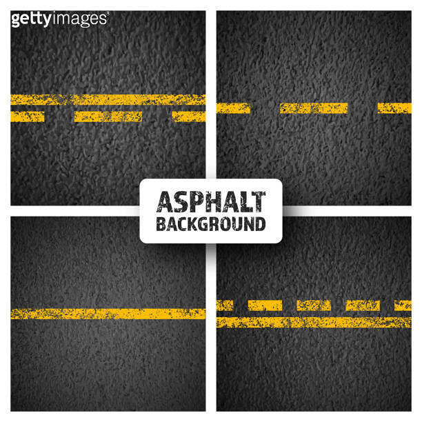 Asphalt road with yellow cracked lane marking, concrete highway surface ...