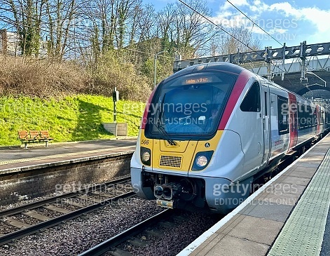 A Greater Anglia train arriving at Billericay railway station in Essex ...