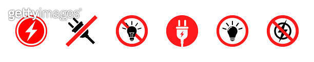 Set of no electricity vector icons. Red prohibited or forbidden signs ...