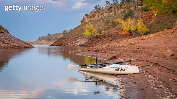 rowing shell on shore of Horsetooth Reservoir in northern Colorado ...