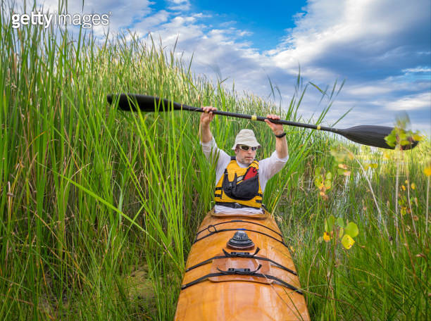 bow view of a senior male paddling a home built wooden sea kayak ...