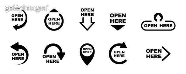 Open here icons vector set. Open here stickers or labels for package ...