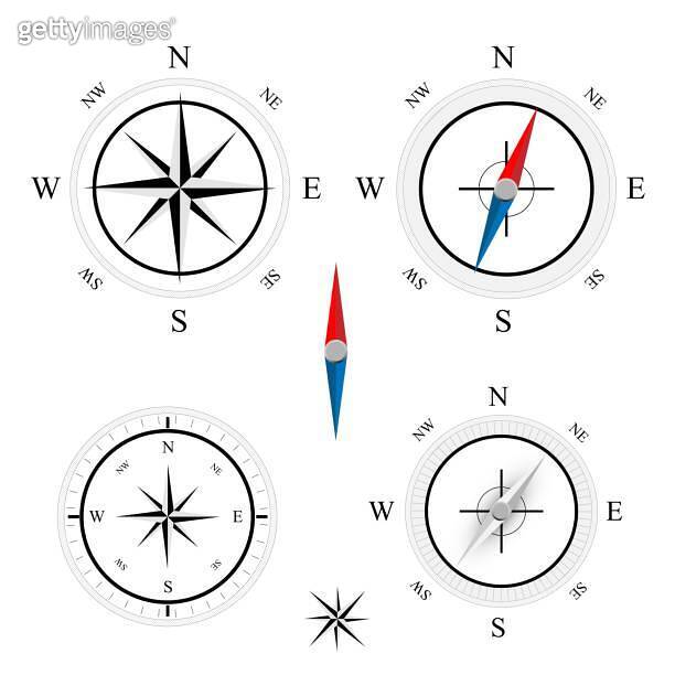 Compass set icons, navigation equipment sign, flat nautical chart wind ...