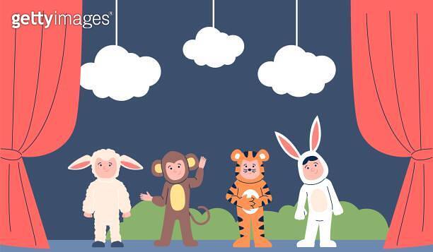 Kids theater scene. Cute children in animal costumes, childish theatre ...