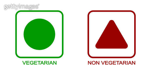 Vegetarian and non vegetarian labels. Vegan food stickers. Green circle ...