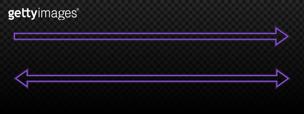 Long straight neon arrow and double arrow signs. Purple luminous ...