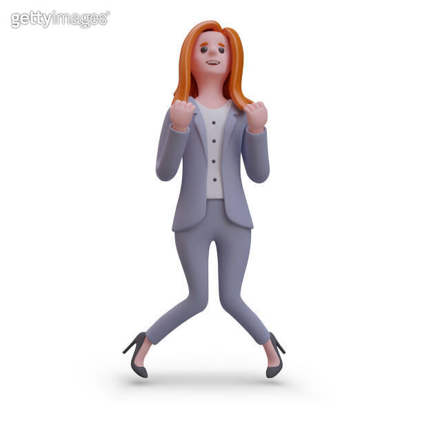 Female jumping and enjoying success at work. 3d realistic model of ...