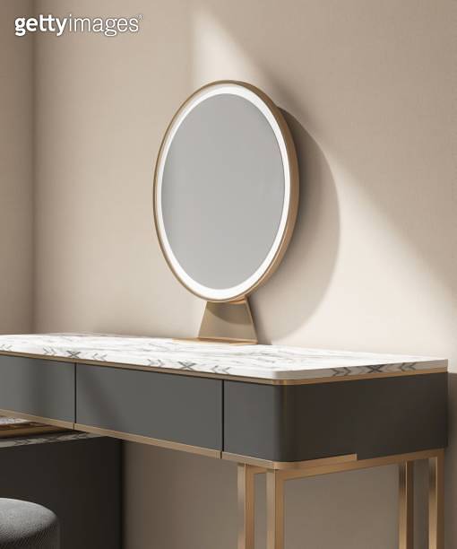 Modern gray dressing table with white marble top, gold frame round ...