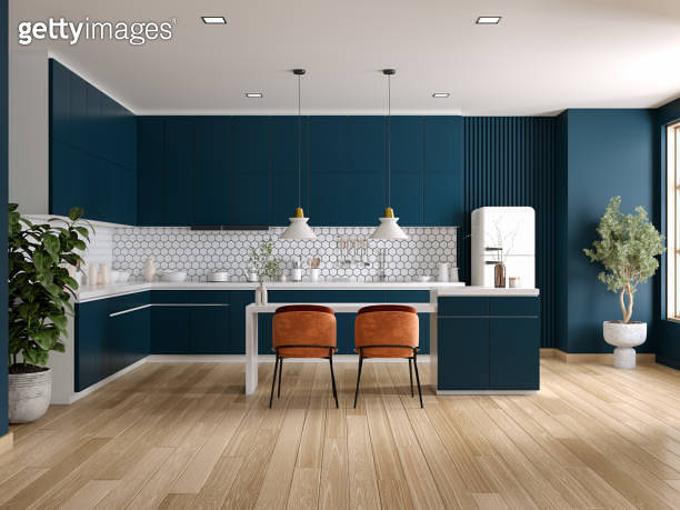 Blue kitchen room interior and kitchen islands with breakfast bars ...