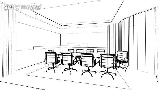office meeting room line drawing,3d rendering (2048392543) 일러스트, 무료 ...