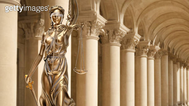 Lady Justice Statue with Scales in Front of Columned Hall – Symbol of ...