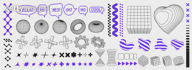 Set of grids, wireframes, shapes, lines, dividers in y2k style. Vector graphic of retro elements ...