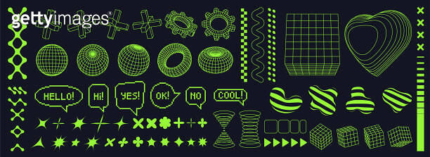 Set of grids, wireframes, shapes, lines, dividers in y2k style. Vector ...