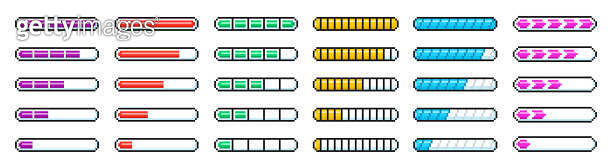 Loading progress bar in 90s style. 8 bit loader process status. Pixel ...