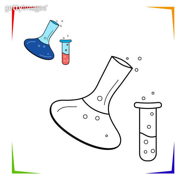 Test tubes, flask with bubbles for subject chemistry. Vector coloring ...