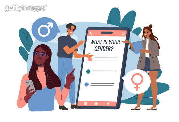 People with gender test. Man and woman answer questions in gender test ...
