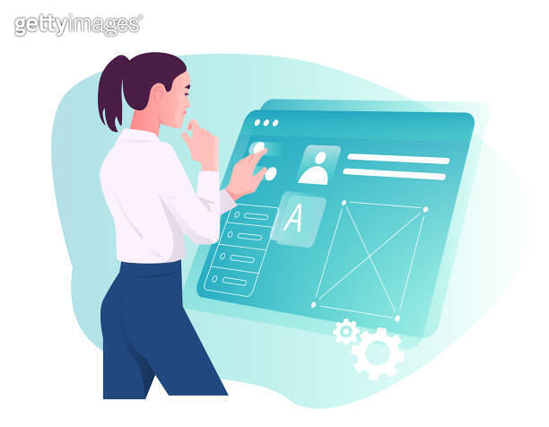 Software developer. Woman frontend developer creating website or application template ...