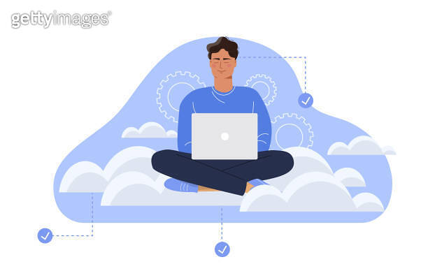 Cloud storage concept. Man with laptop with electronic storage or ...
