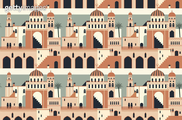 Seamless pattern of Middle Eastern city. Repeating ornament with Arab ...