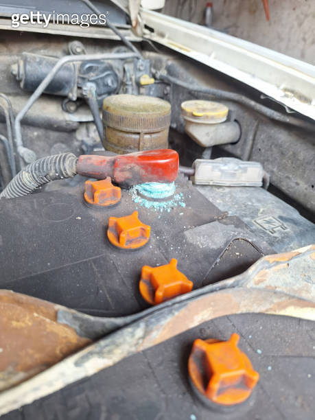 A corroded car battery terminal. Oxidized and dirty car battery ...