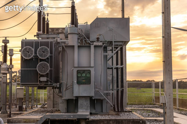 The transformer on a concrete pole. Three-phase transformers and rafts ...