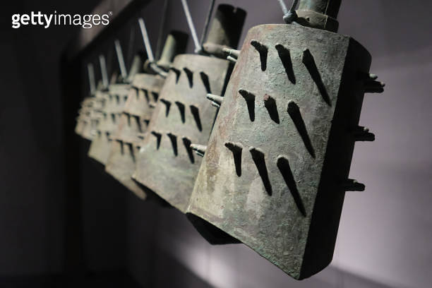 a row of Chime Bells. Ancient Chinese bronze musical instrument ...
