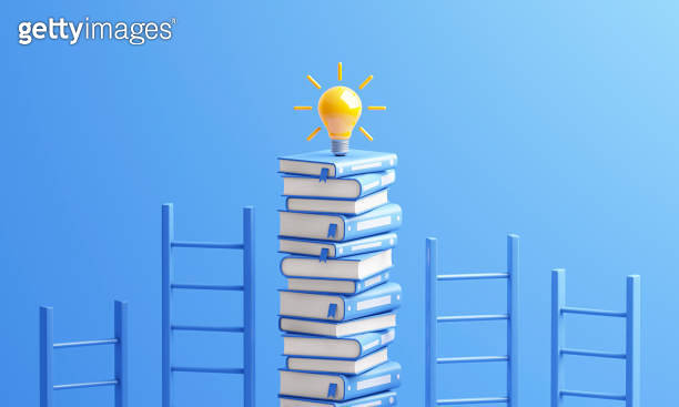 Books Stacked High with Light Bulb and Ladders Symbolizing Knowledge ...