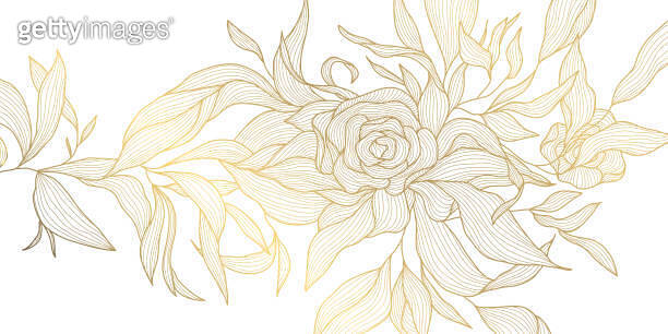 Vector gold line flower pattern, luxury art background. Leaves and ...