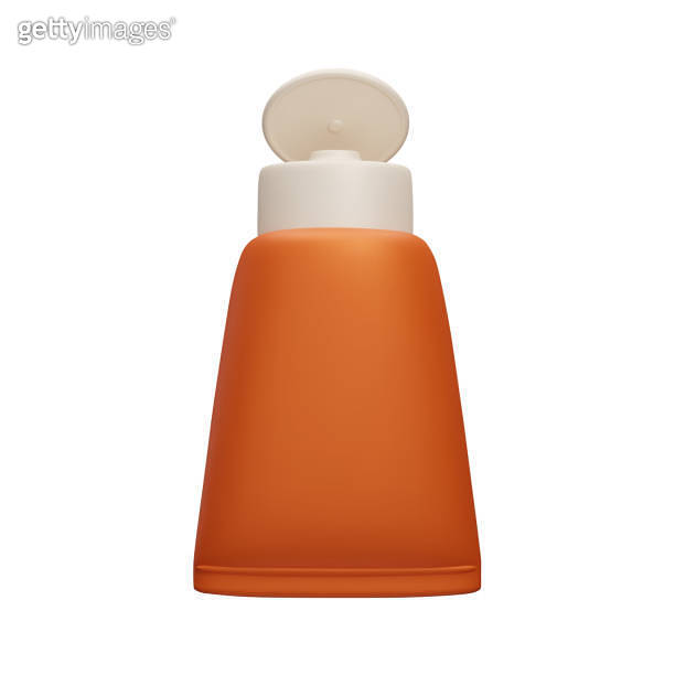 3D SPF sunblock cream bottle isolated on white background. Orange ...