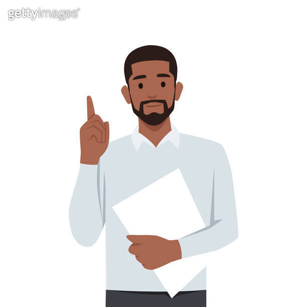 Young black man holding a paper document and pointing up. 이미지 ...